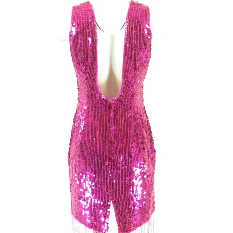 Vintage 70s Pink Sequin Dress Womens Small Silk Retro Beaded Fringe ...