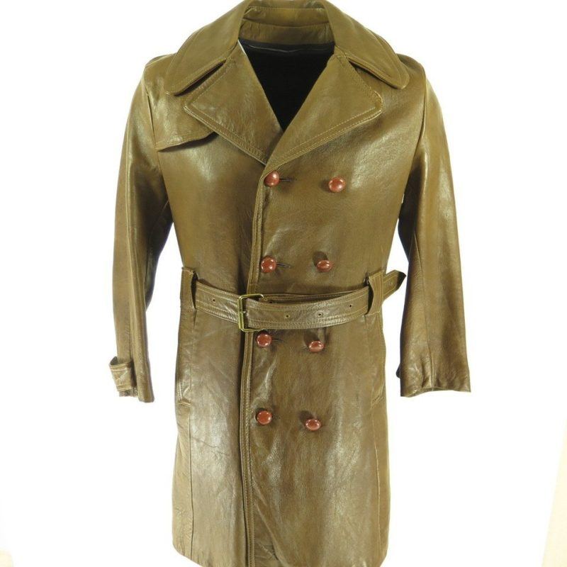 Vintage 70s Cabretta Spy Trench Coat Overcoat Mens M Leather Double ...