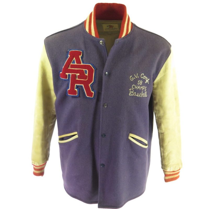 Vintage 50s Baseball Varsity Letterman Jacket L Golden Bear 1958 Patches | The Clothing Vault