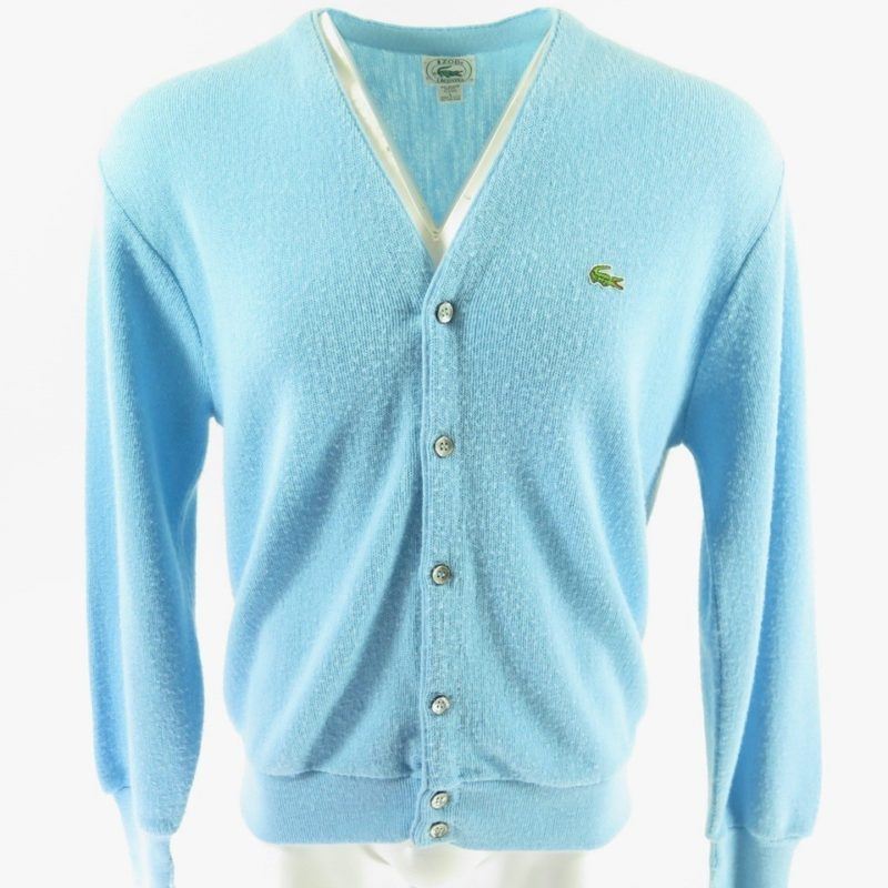 Vintage 80s Izod Lacoste Cardigan Sweater Mens L Alligator Soft Blue USA made | The Clothing Vault