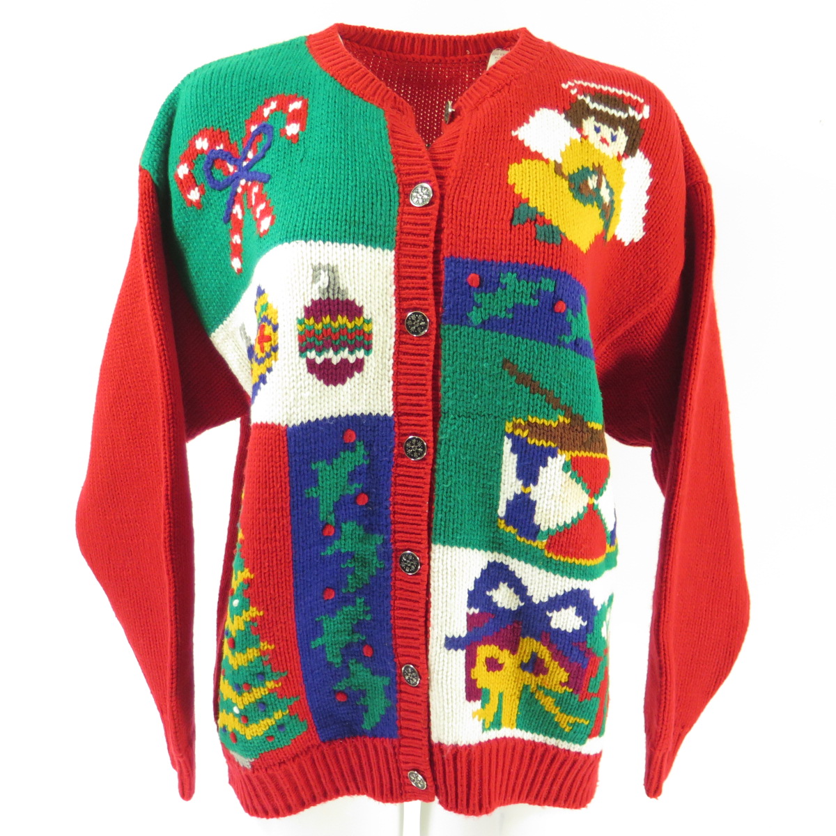 Ugly Corny Christmas Sweater Cardigan Medium Candy Cane Angel Presents Red | The Clothing Vault